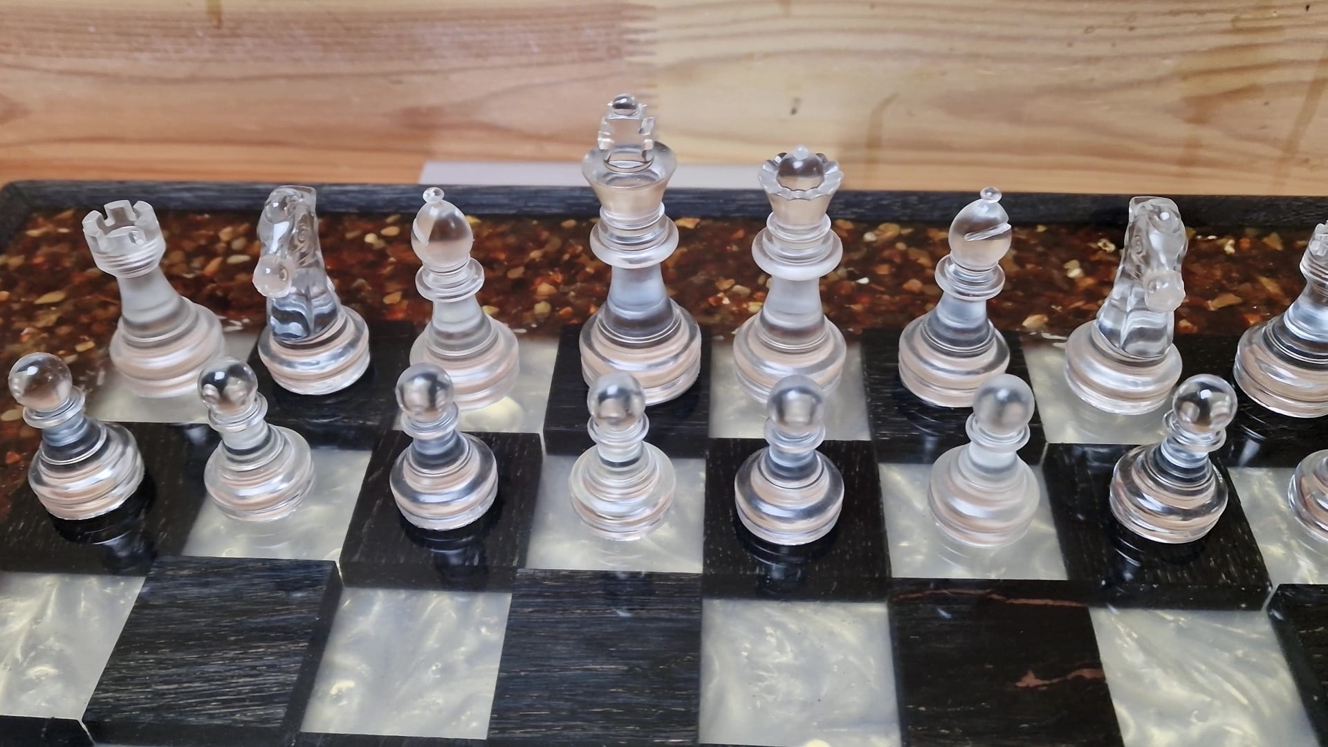 Floating Chess of Bog Oak and Epoxy with Amber - woodseasonstore.com