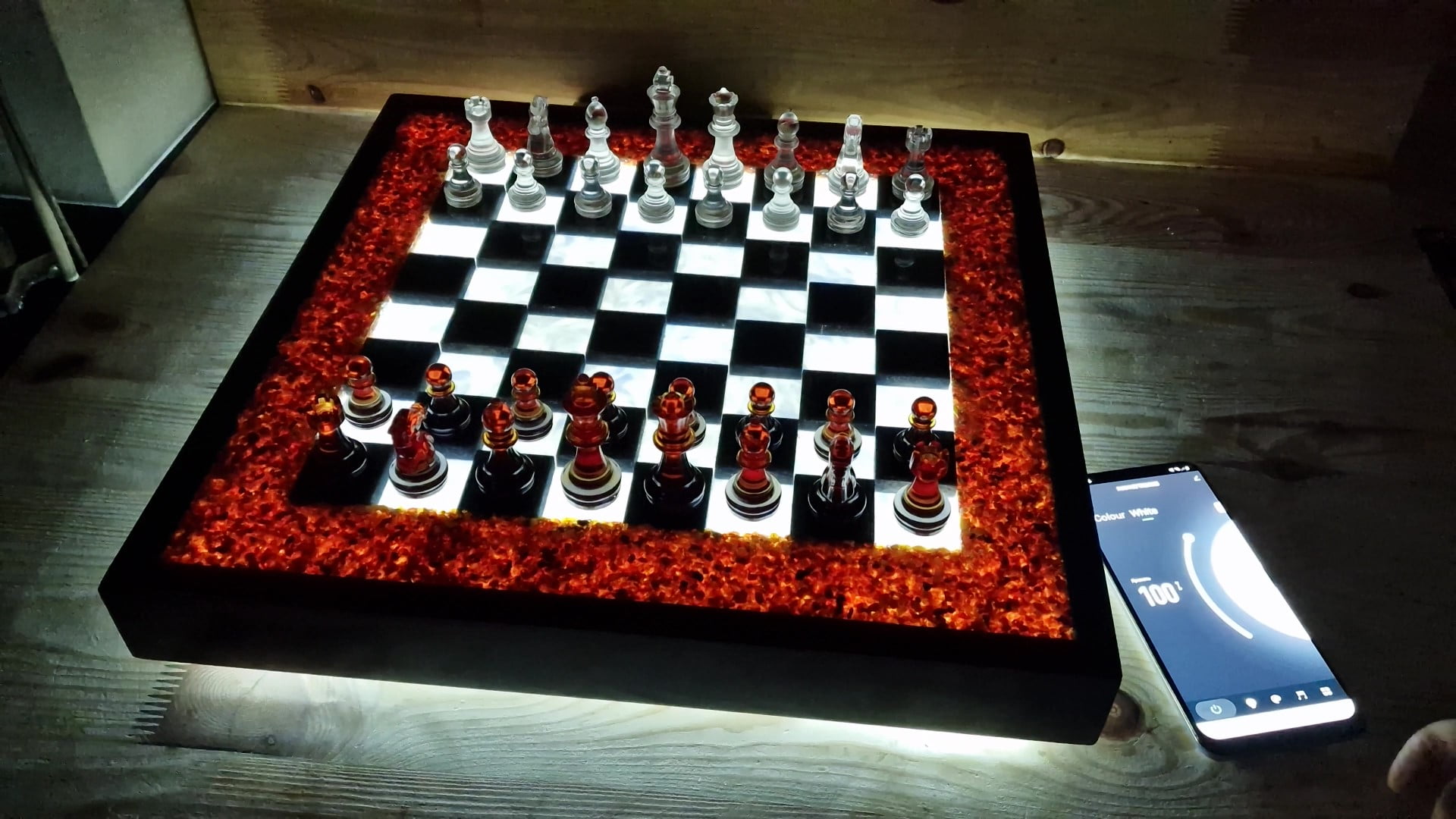 Floating Chess of Bog Oak and Epoxy with Amber - woodseasonstore.com