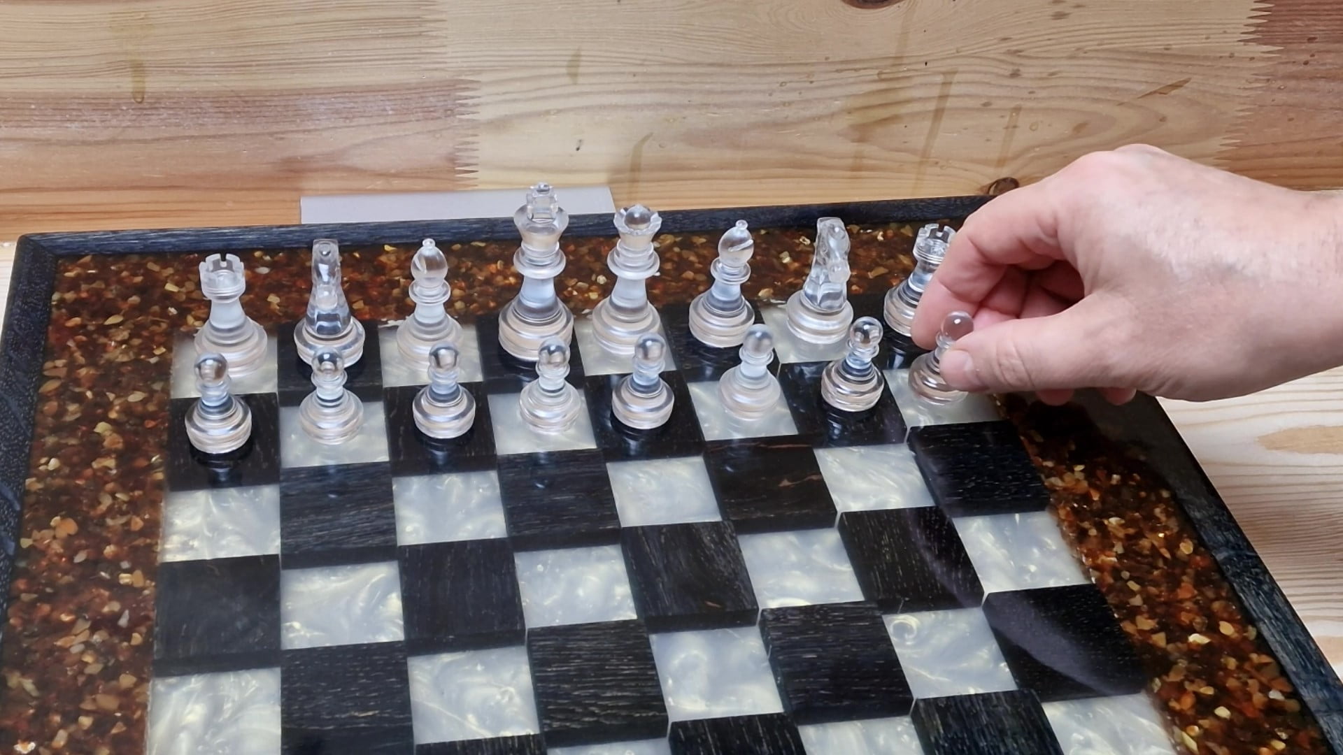 Floating Chess of Bog Oak and Epoxy with Amber - woodseasonstore.com