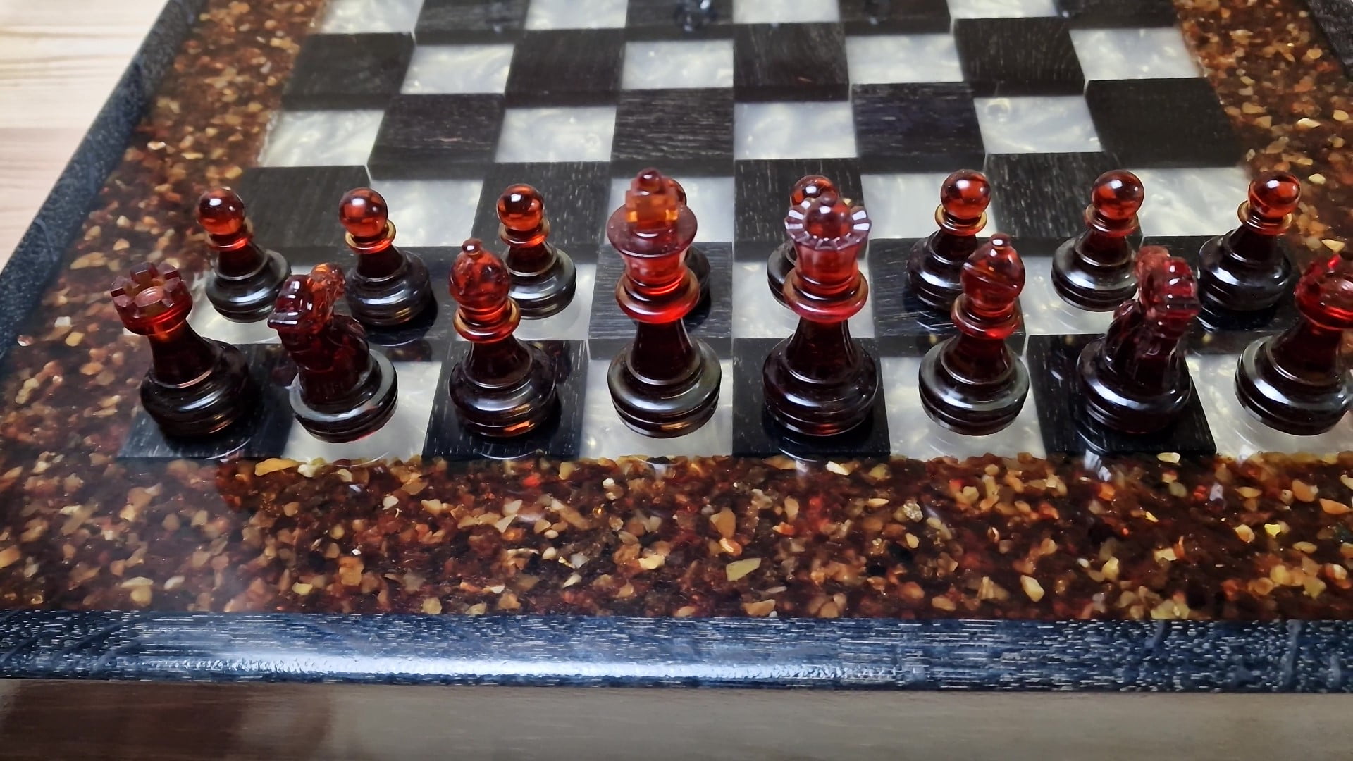 Floating Chess of Bog Oak and Epoxy with Amber - woodseasonstore.com