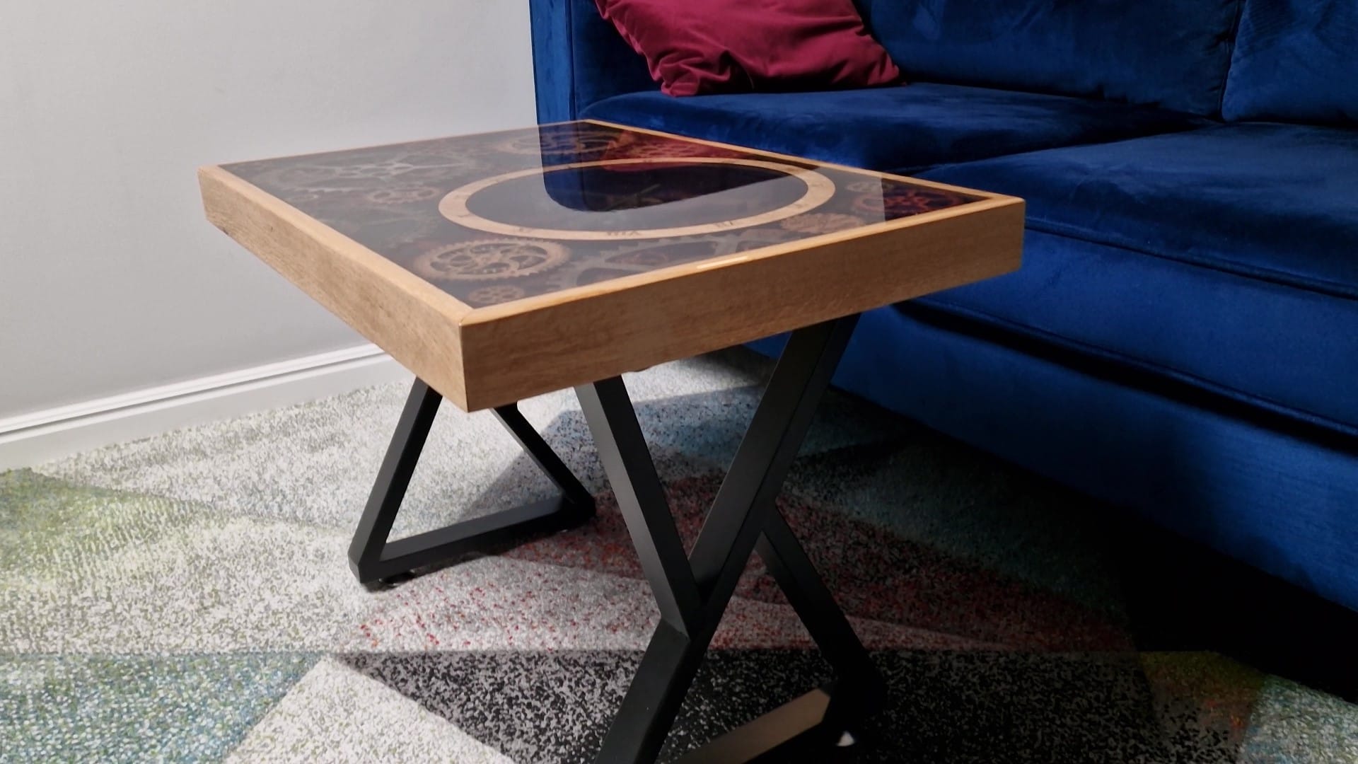 Epoxy Table with Gears and Clock Portal to the Past - woodseasonstore.com