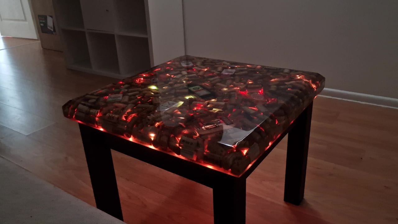Epoxy Table of Wine corks with LED - woodseasonstore.com