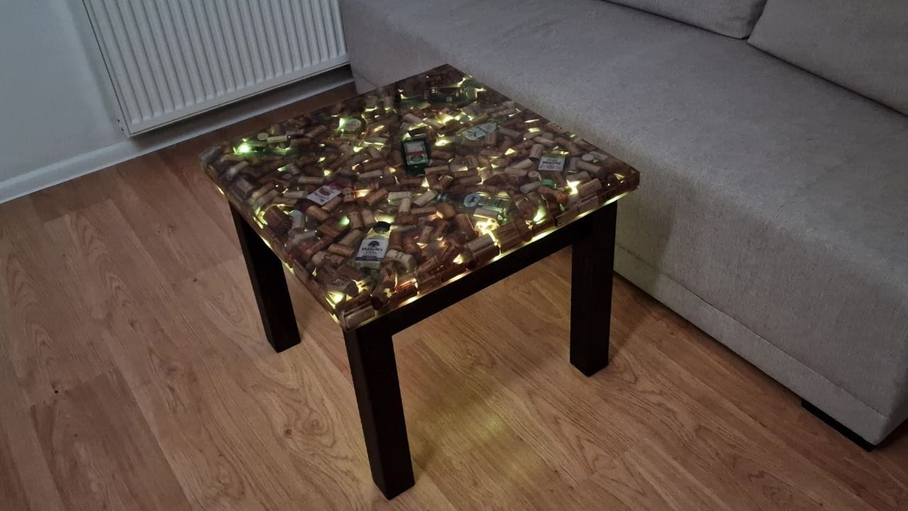 Epoxy Table of Wine corks with LED - woodseasonstore.com